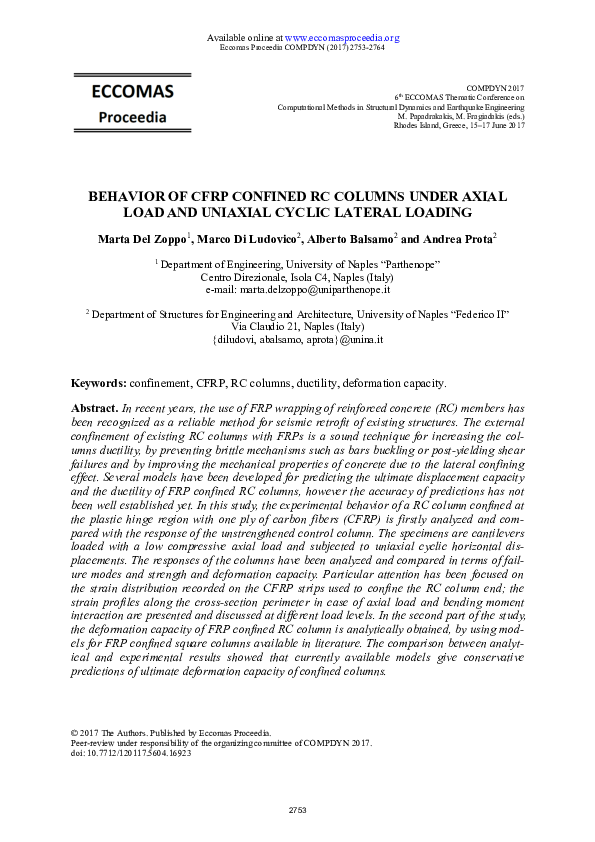 (PDF) Behavior of CFRP Confined RC Columns Under Axial Load and Uniaxial Cyclic Lateral Loading