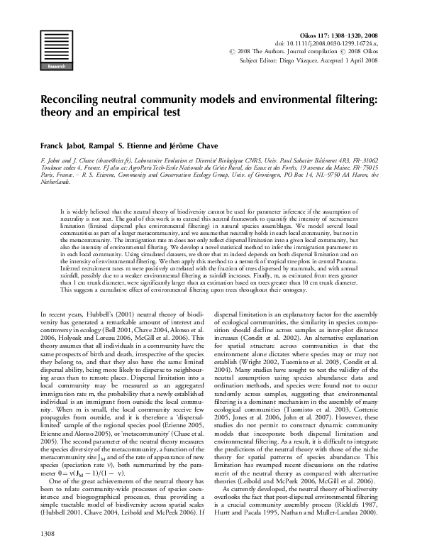 (PDF) Reconciling neutral community models and environmental filtering ...