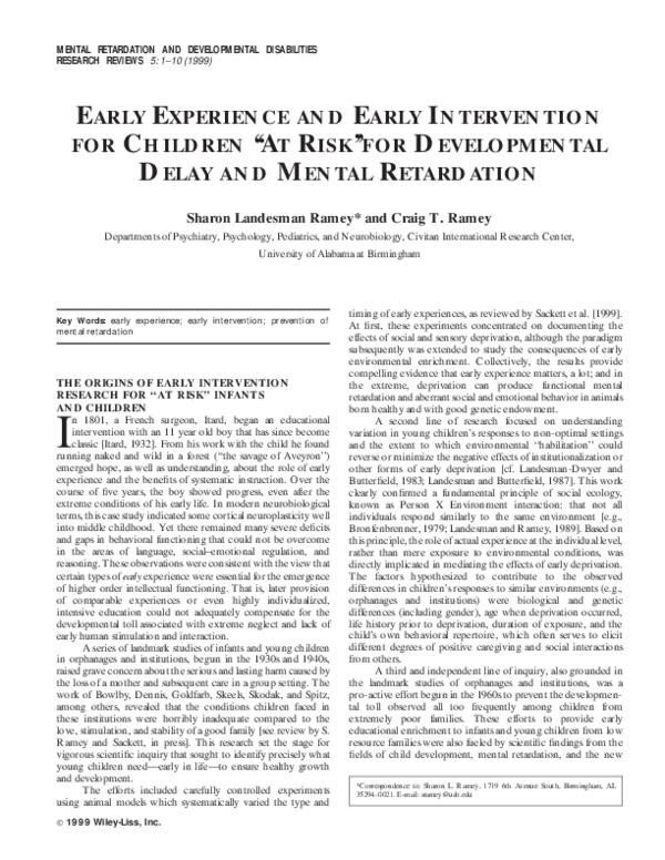 (PDF) Early experience and early intervention for children “at risk”for ...