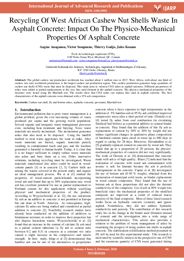 (PDF) Recycling Of West African Cashew Nut Shells Waste In Asphalt ...