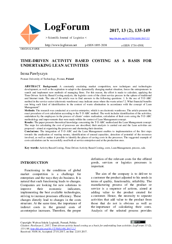 (PDF) Time-driven activity based costing as a basis for undertaking ...