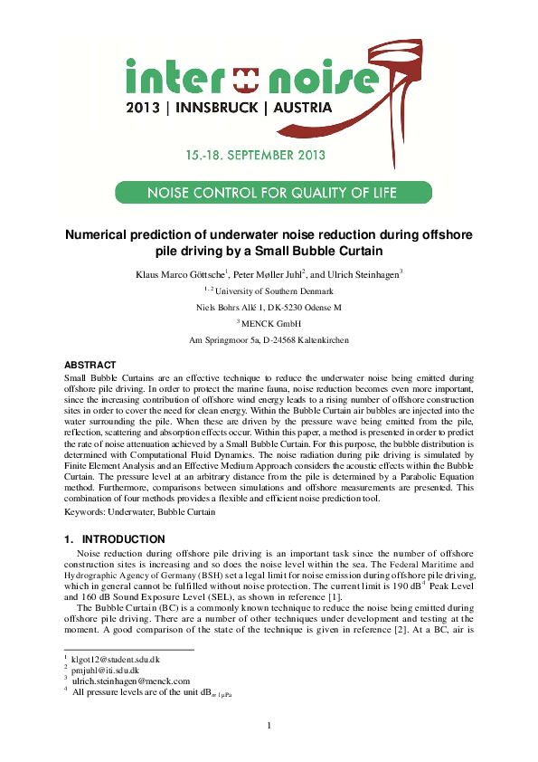 Pdf Numerical Prediction Of Underwater Noise Reduction During Offshore Pile Driving By A Small