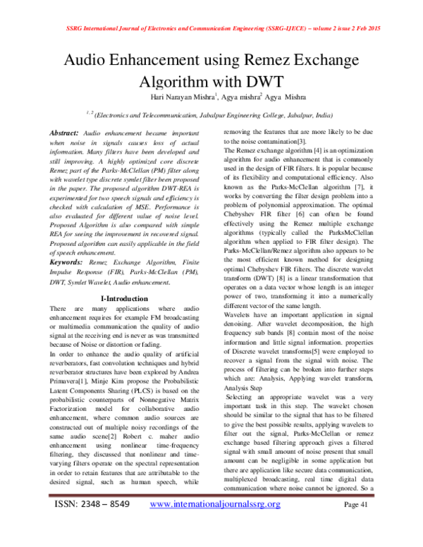 (PDF) Audio Enhancement using Remez Exchange Algorithm with DWT