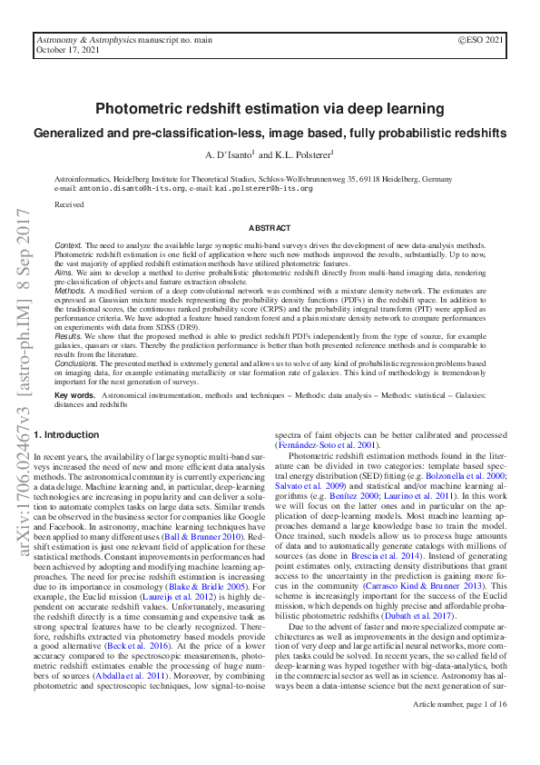 (PDF) Photometric redshift estimation via deep learning