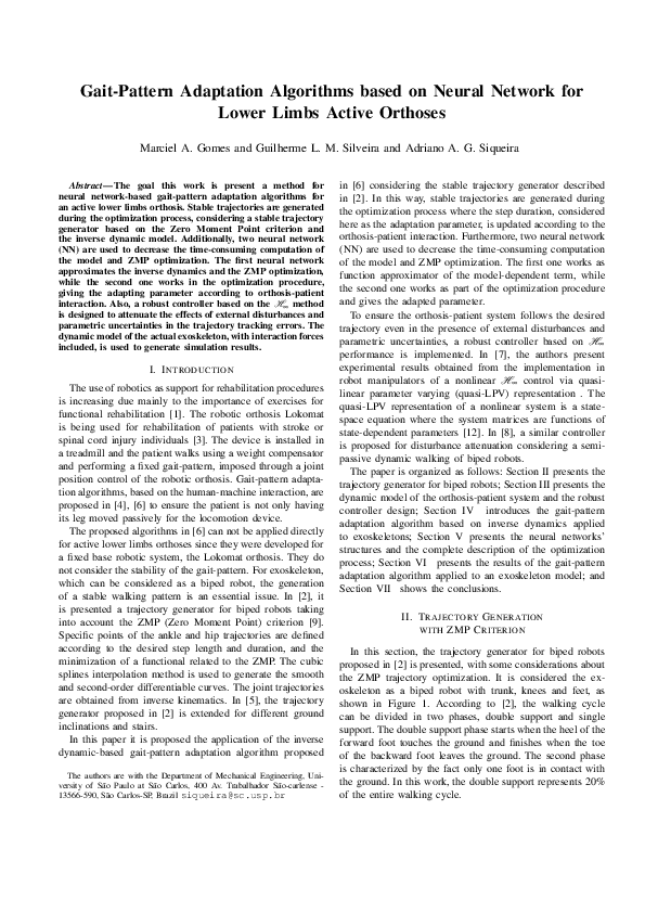 Pdf Gait Pattern Adaptation Algorithms Based On Neural Network For