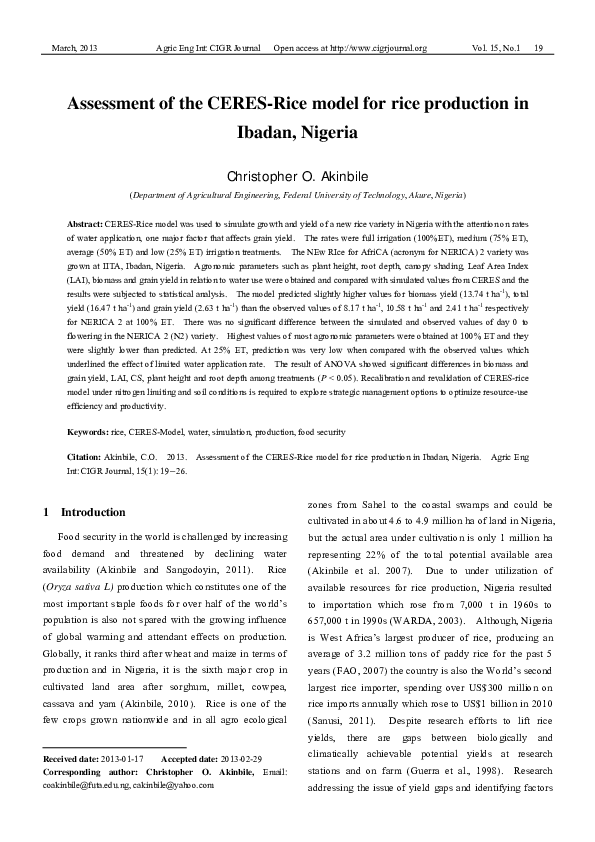 (PDF) Assessment of the CERES-Rice model for rice production in Ibadan ...