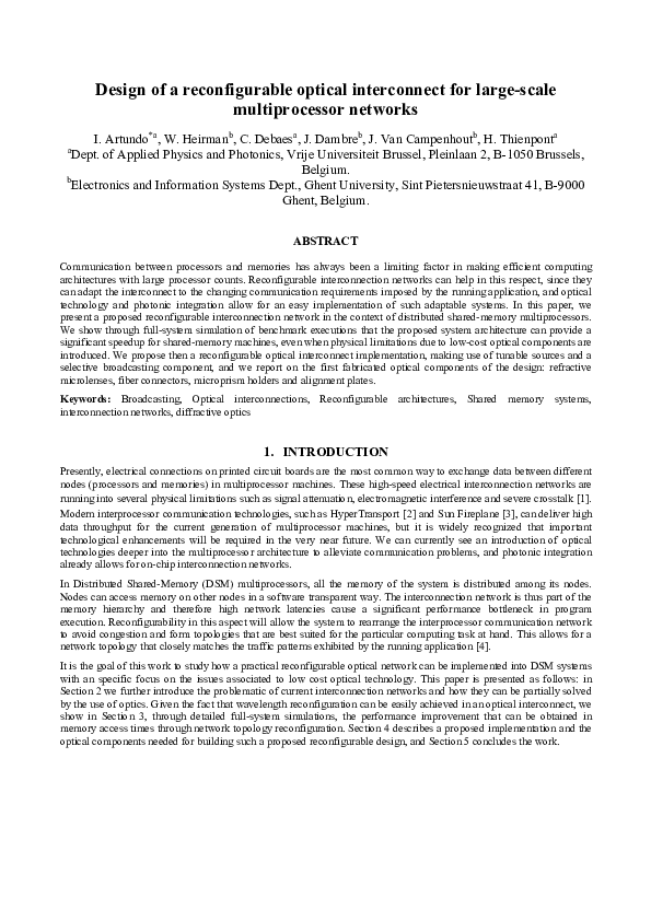 Pdf Design Of A Reconfigurable Optical Interconnect For Large Scale Multiprocessor Networks