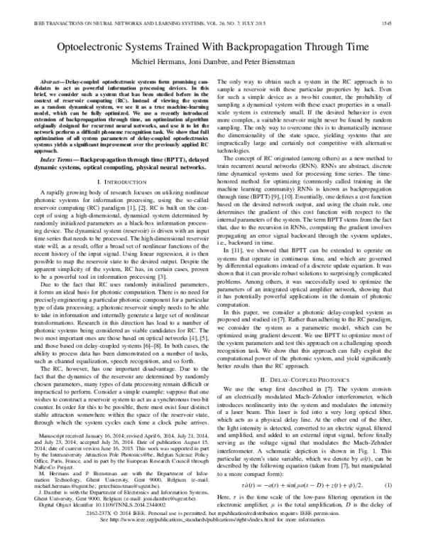 (PDF) Optoelectronic Systems Trained With Backpropagation Through Time
