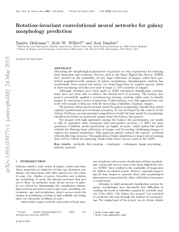 (PDF) Rotation-invariant convolutional neural networks for galaxy morphology prediction