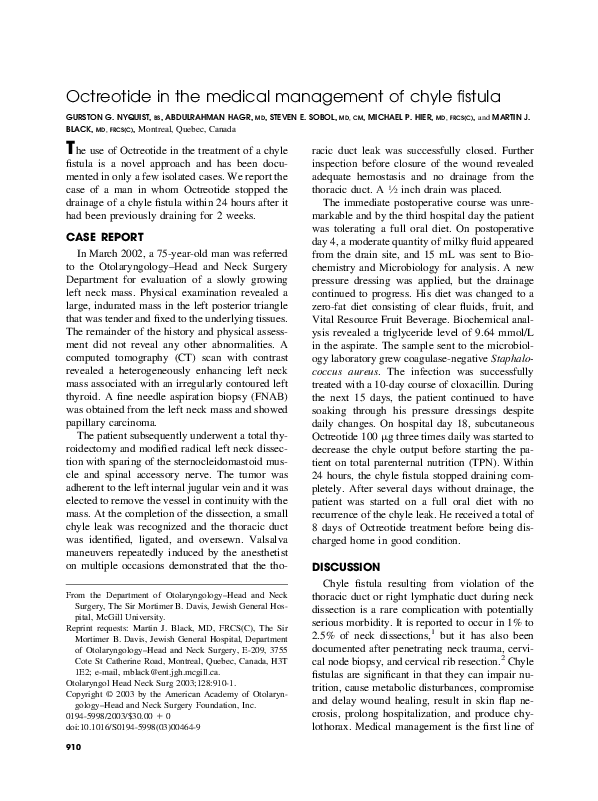 (PDF) Octreotide in the medical management of chyle fistula