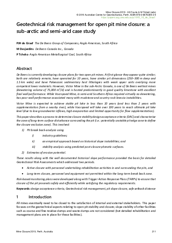 (PDF) Geotechnical risk management for open pit mine closure: a sub-arctic and semi-arid case study