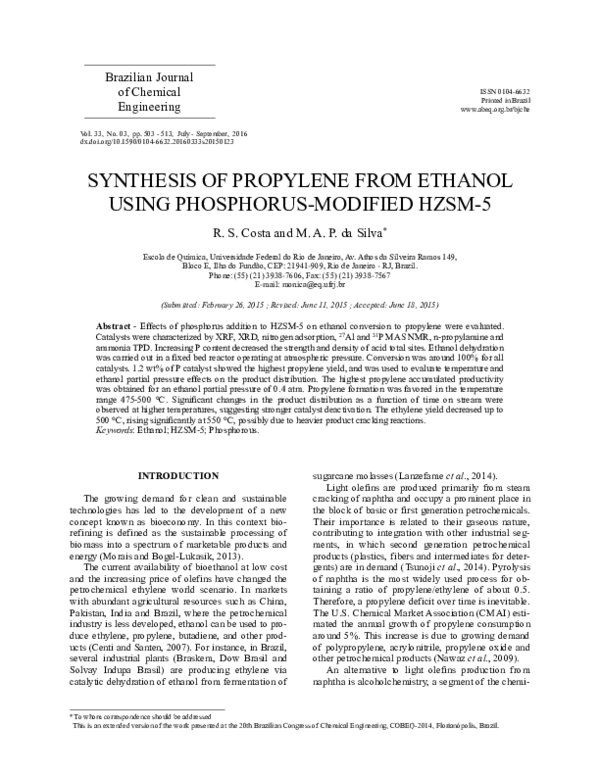 (PDF) Synthesis of Propylene from Ethanol Using Phosphorus-Modified HZSM-5