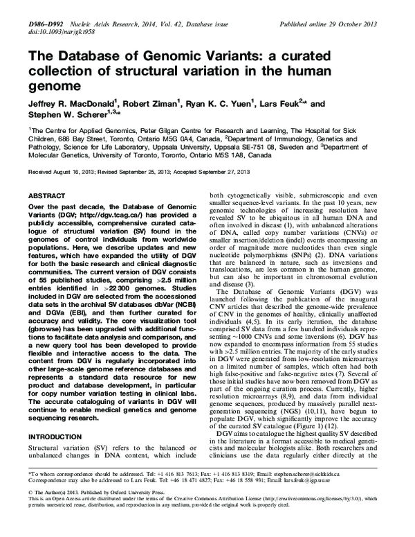 Pdf The Database Of Genomic Variants A Curated Collection Of Structural Variation In The