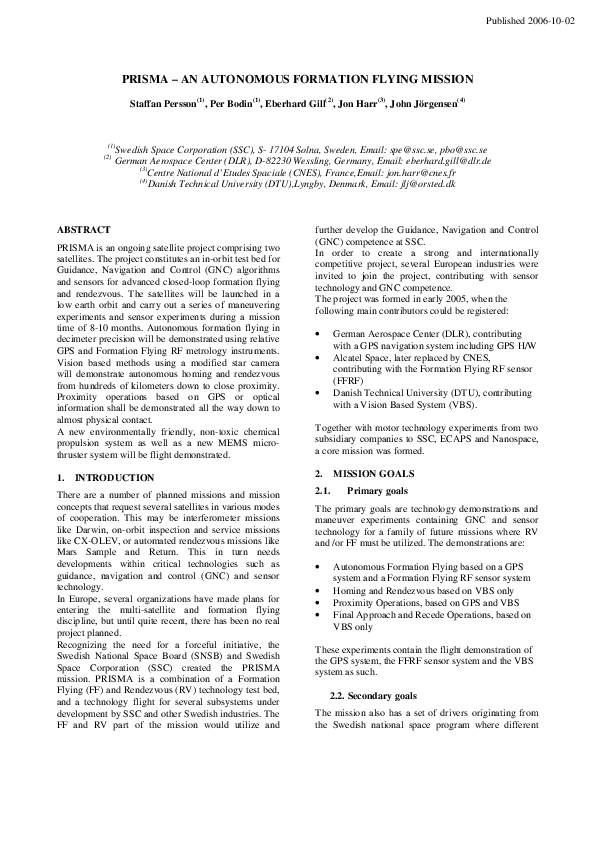 (PDF) Prisma - an Autonomous Formation Flying Mission