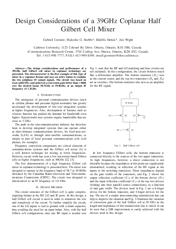 (PDF) Design Considerations of a 39 GHz Coplanar Half Gilbert Cell Mixer