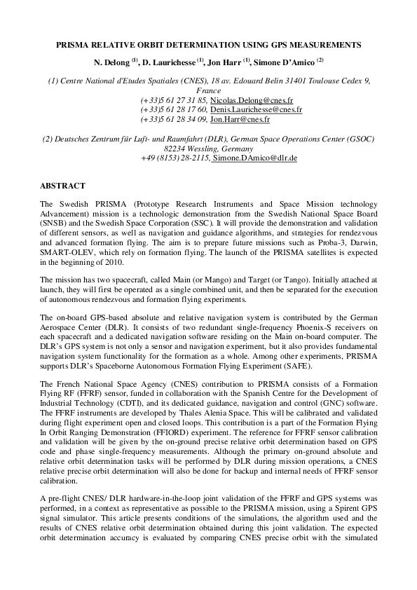 Pdf Prisma Relative Orbit Determination Using Gps Measurements