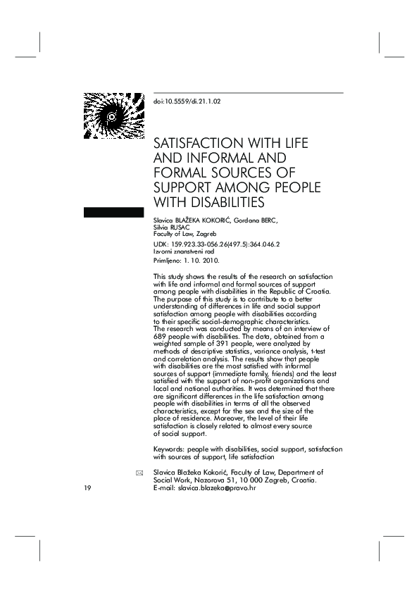 (PDF) Satisfaction with Life and Informal and Formal Sources of Support Among People with ...