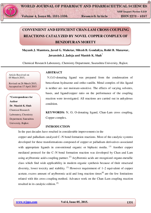 (PDF) Convenient and Efficient Chan-Lam Cross Coupling Reactions ...