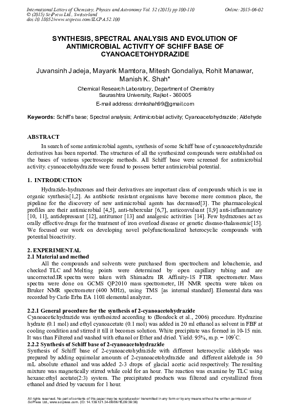 (PDF) Synthesis, Spectral Analysis and Evolution of Antimicrobial Activity of Schiff Base of ...