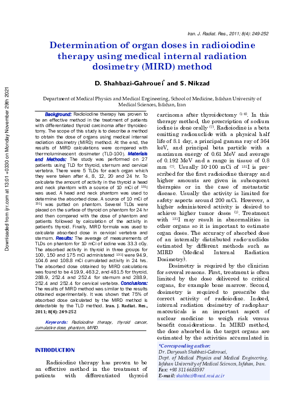 (PDF) Determination of organ doses in radioiodine therapy using medical ...