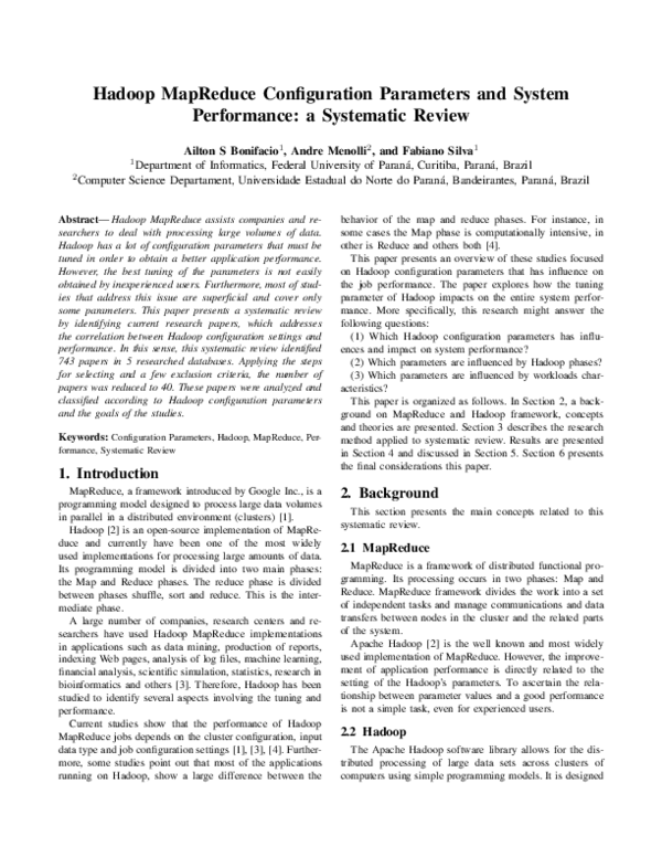 Pdf Hadoop Mapreduce Configuration Parameters And System Performance A Systematic Review