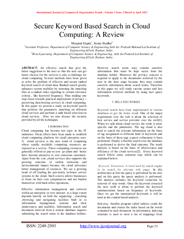 (PDF) Secure Keyword Based Search in Cloud Computing : A Review | sonia sindhu - Academia.edu