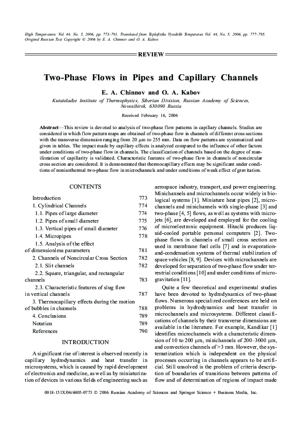(PDF) Two-phase flows in pipes and capillary channels
