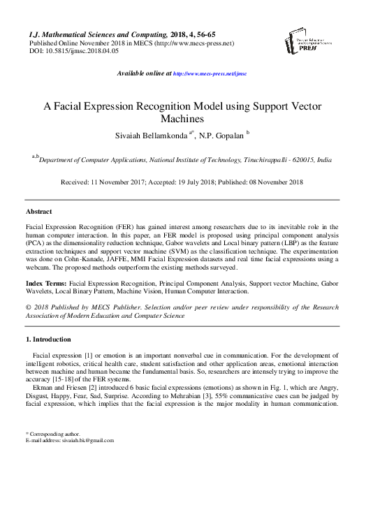 Pdf A Facial Expression Recognition Model Using Support Vector Machines