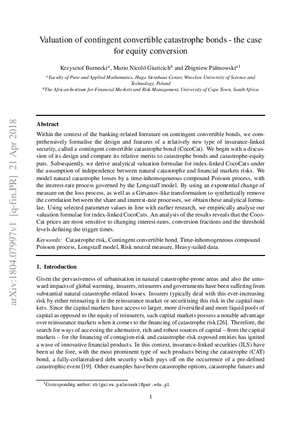 (PDF) Valuation of contingent convertible catastrophe bonds — The case ...