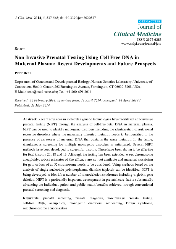(PDF) Non-Invasive Prenatal Testing Using Cell Free DNA in Maternal ...