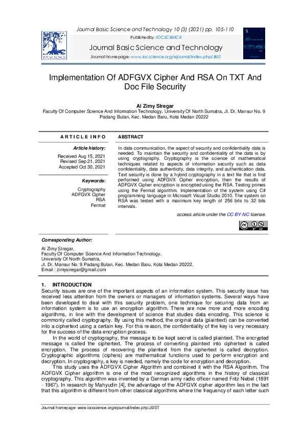 (PDF) Implementation Of ADFGVX Cipher And RSA On TXT And Doc File Security