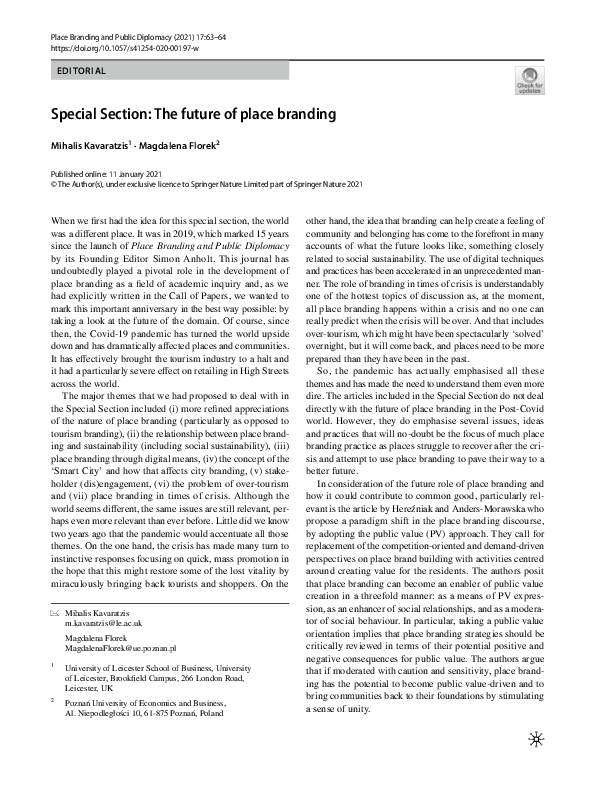 (PDF) Special Section: The future of place branding