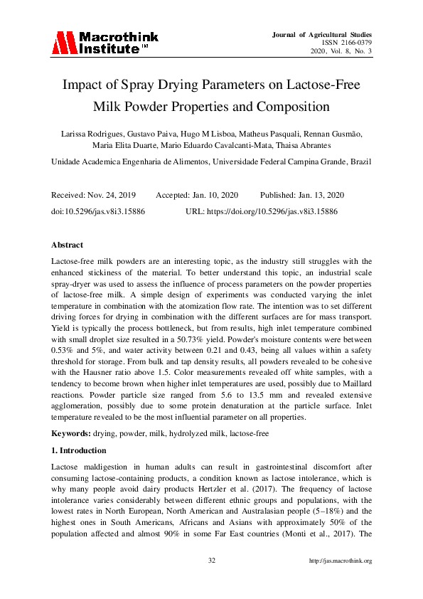 (PDF) Impact of Spray Drying Parameters on Lactose-Free Milk Powder ...