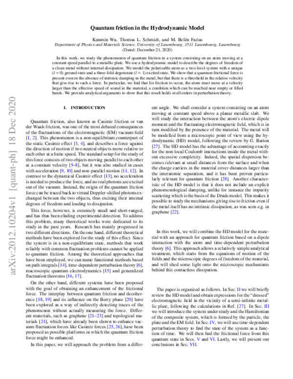 (PDF) Quantum friction in the Hydrodynamic Model