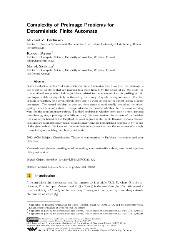 (PDF) Complexity of Preimage Problems for Deterministic Finite Automata