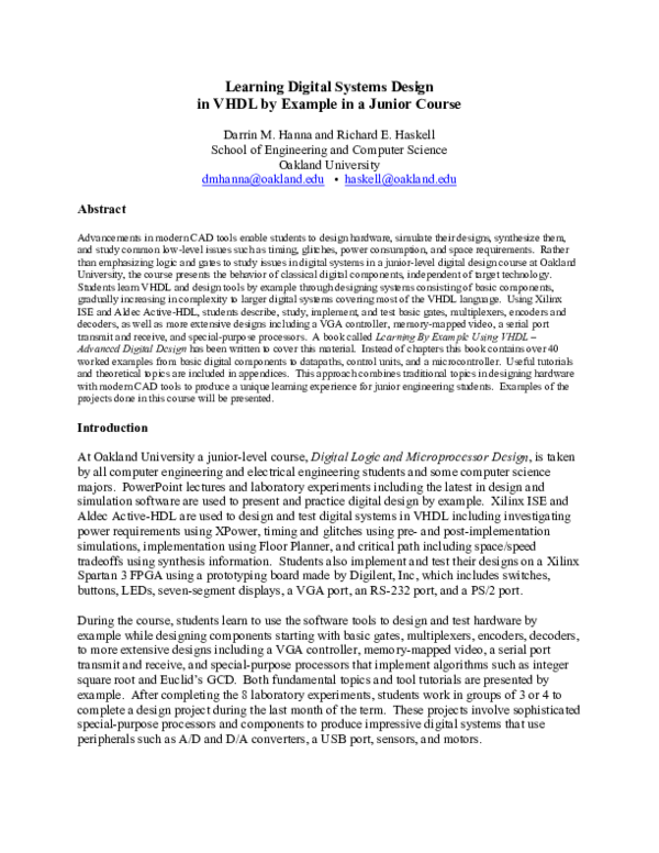 (PDF) Learning Digital Systems Design in VHDL by Example in a Junior Course