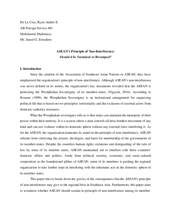 (PDF) ASEAN’s Principle of Non-Interference: Should it be Sustained or ...