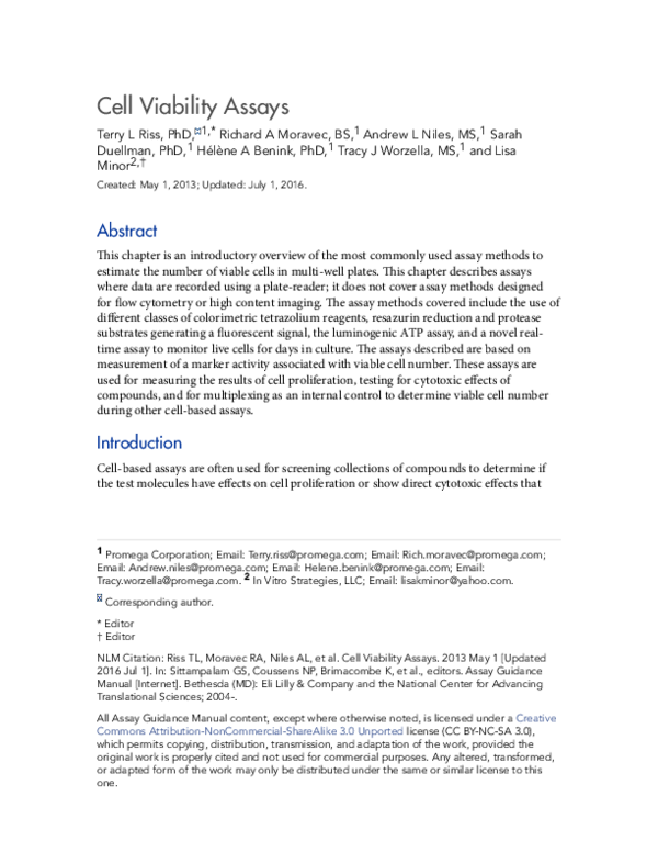 (PDF) Cell Viability Assays