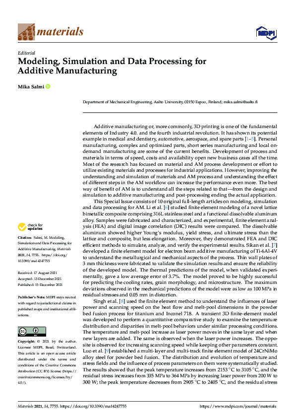 (PDF) Modeling, Simulation and Data Processing for Additive Manufacturing