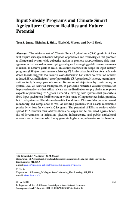 (PDF) Input Subsidy Programs and Climate Smart Agriculture: Current ...