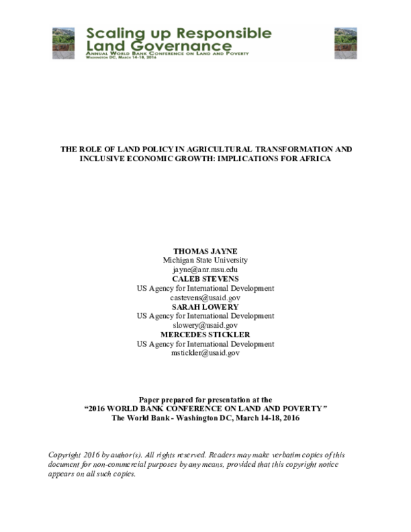 (PDF) The Role of Land Policy in Agricultural Transformation and ...