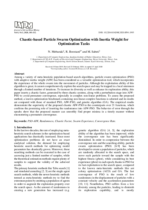 (PDF) Chaotic-based Particle Swarm Optimization with Inertia Weight for Optimization Tasks