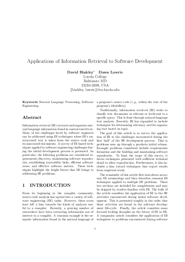 Pdf Applications Of Information Retrieval To Software Development