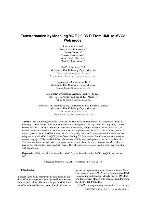 (PDF) Transformation by Modeling MOF 2.0 QVT: From UML to MVC2 Web model