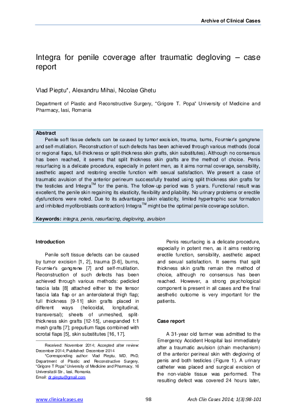 (PDF) Integra for penile coverage after traumatic degloving – case report