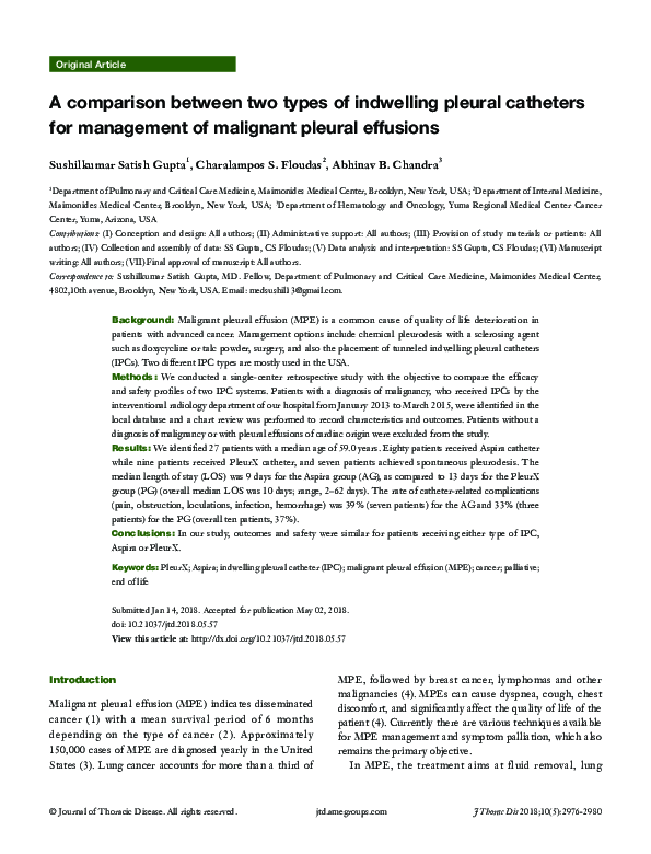 (PDF) A comparison between two types of indwelling pleural catheters for management of malignant ...