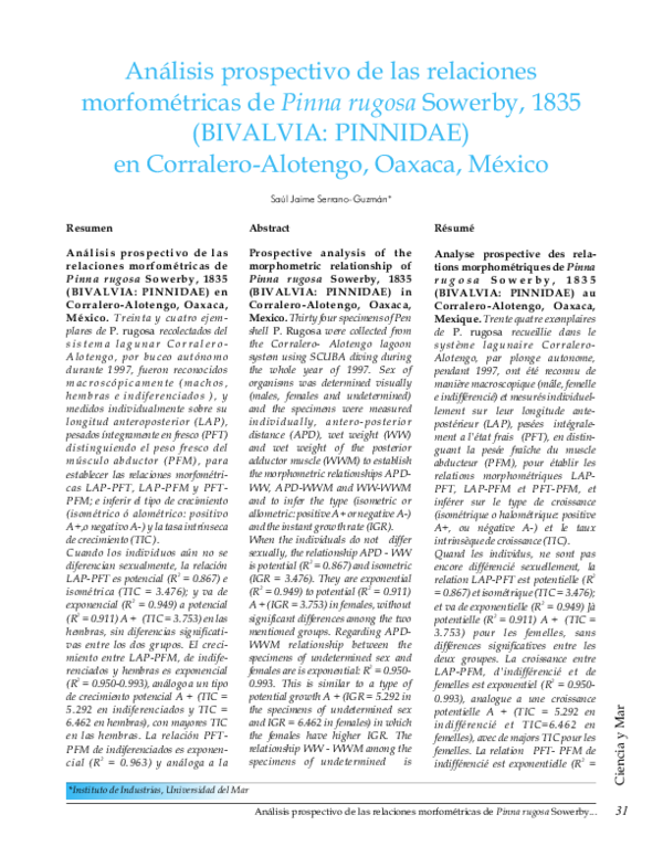 (PDF) morfométricas de Pinna rugosa Sowerby , 1835 ( BIVALVIA ...