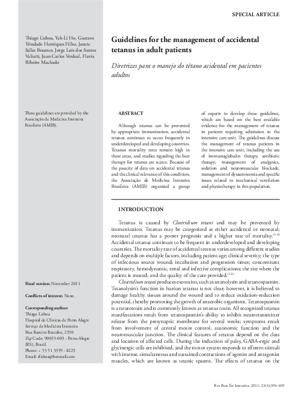 (PDF) Guidelines for the management of accidental tetanus in adult patients