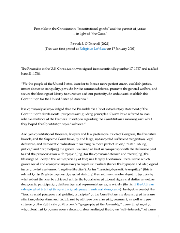 (PDF) Preamble to the US Constitution