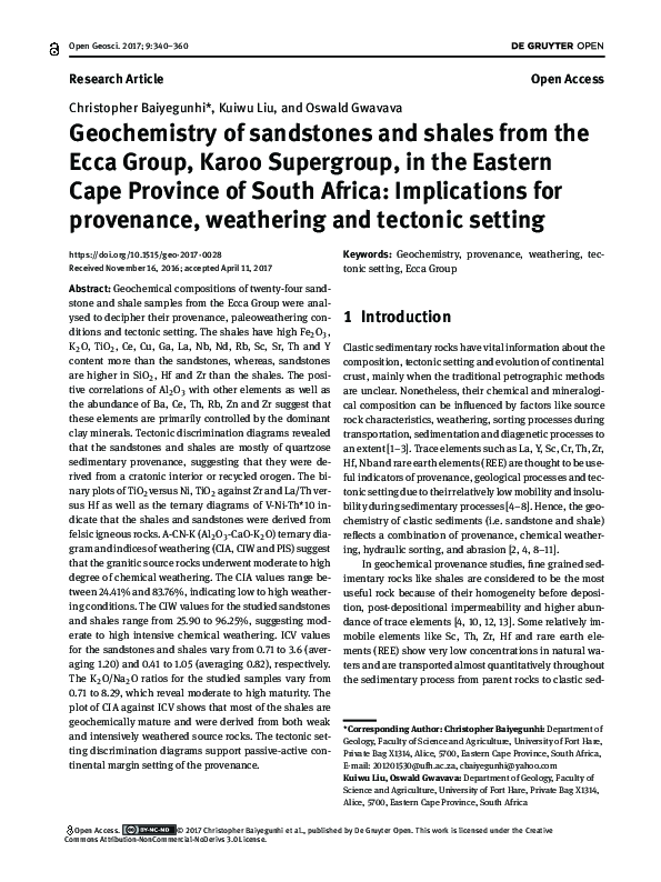 (PDF) Geochemistry of sandstones and shales from the Ecca Group, Karoo ...